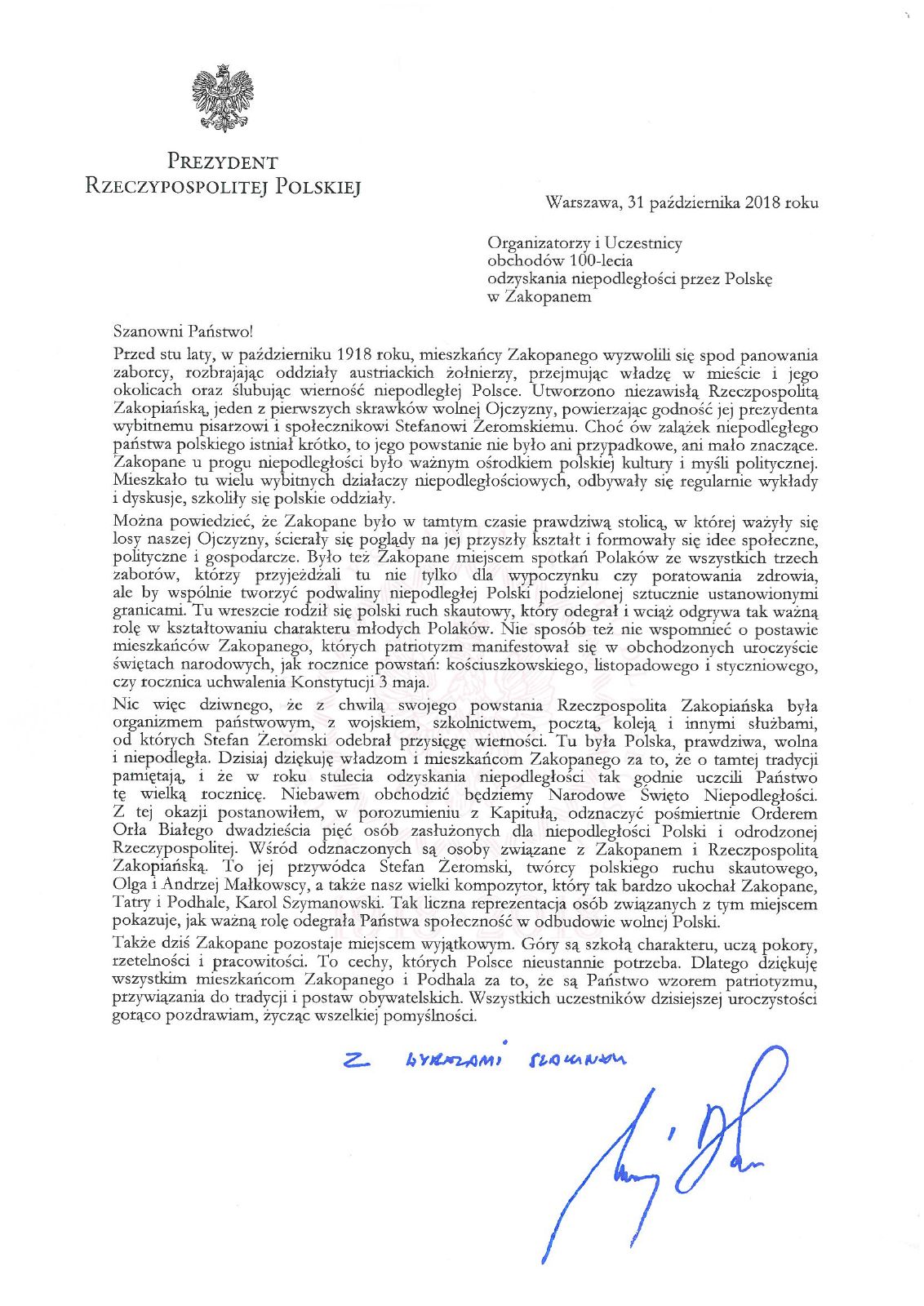 List od Prezydenta Rzeczypospolitej Polskiej | Zakopane - oficjalny ...